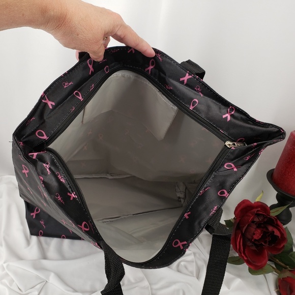 Bags | Black Tote Bag With Pink Ribbon Design | Poshmark